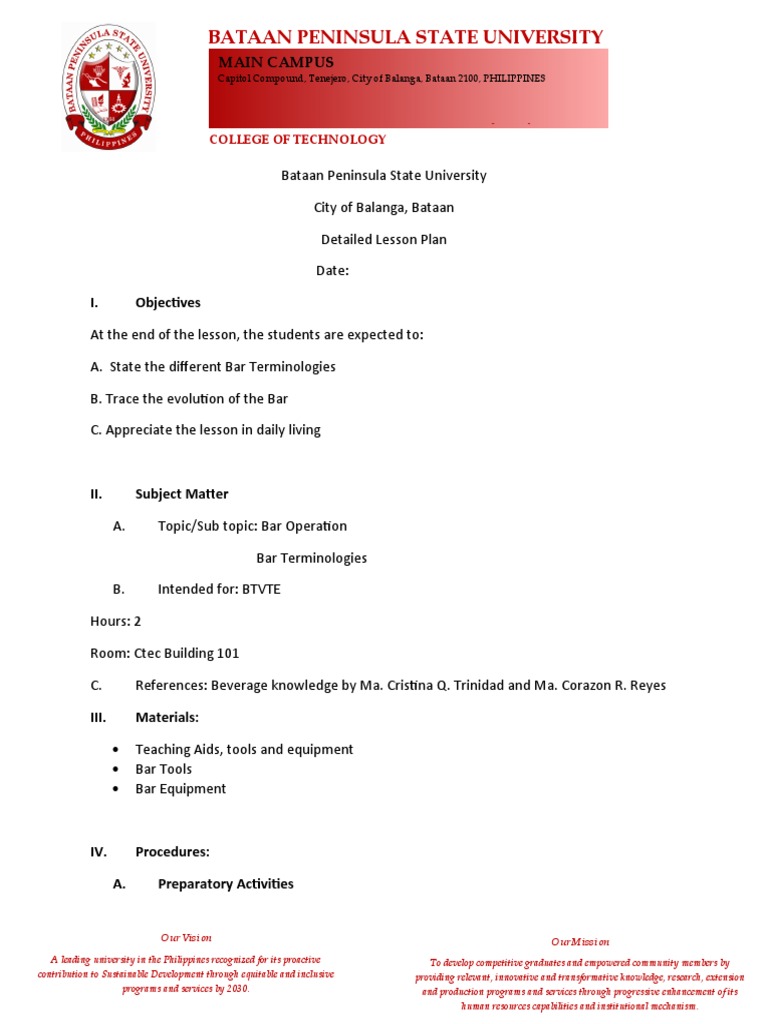 Detailed Lesson Plan on Bar Operation and Terminologies for the College ...