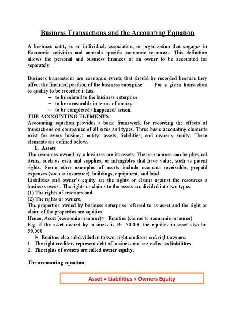 Business Transactions and The Accounting Equation | PDF | Equity ...