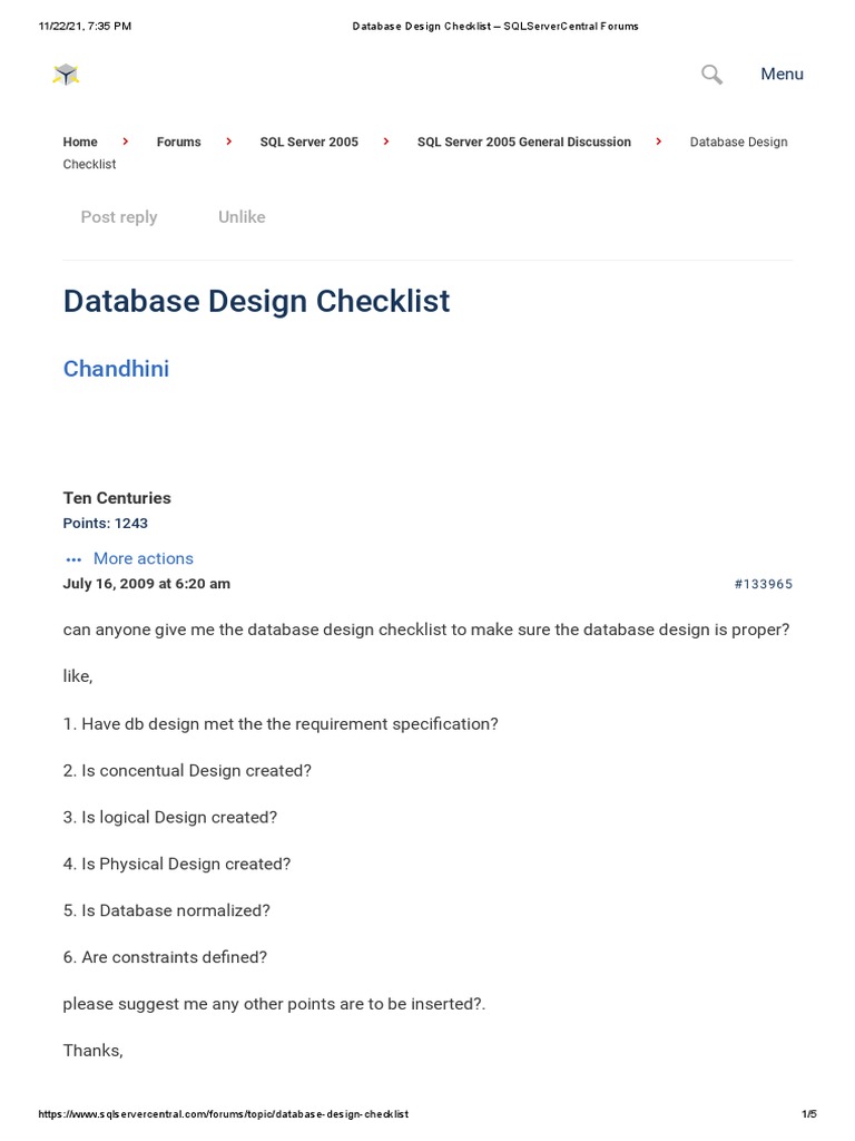 Database Design Checklist Sqlservercentral Forums Pdf Database Index Microsoft Sql Server 