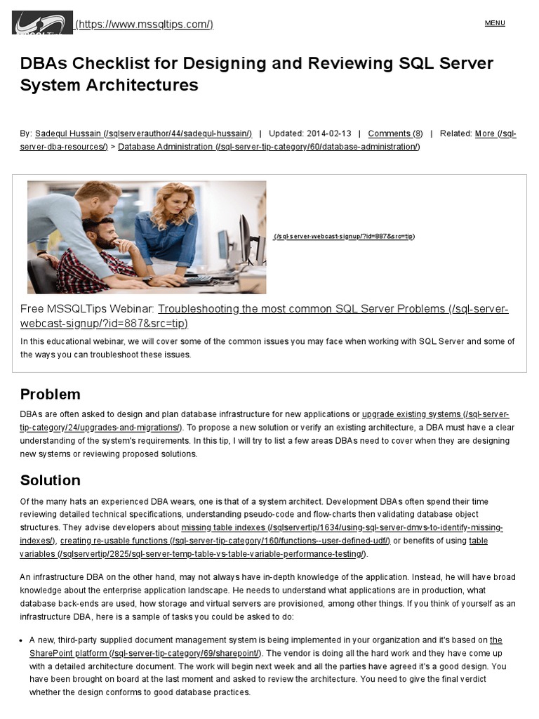 Dbas Checklist For Designing And Reviewing Sql Server System Architectures Pdf Microsoft Sql 5882