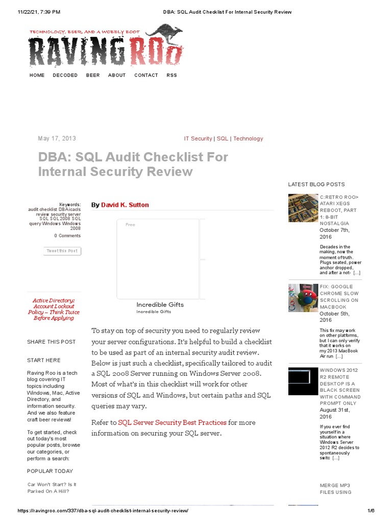 DBA - SQL Audit Checklist For Internal Security Review | PDF | Databases | Mac Os