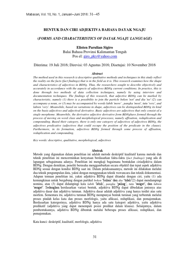 Bentuk Dan Ciri Adjektiva Bahasa Dayak Ngaju (Forms and Characteristics ...