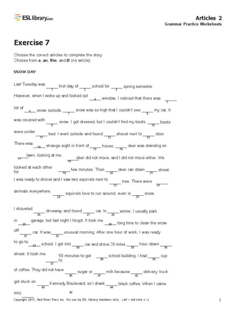 Articles 2 - Grammar Practice Worksheets | PDF