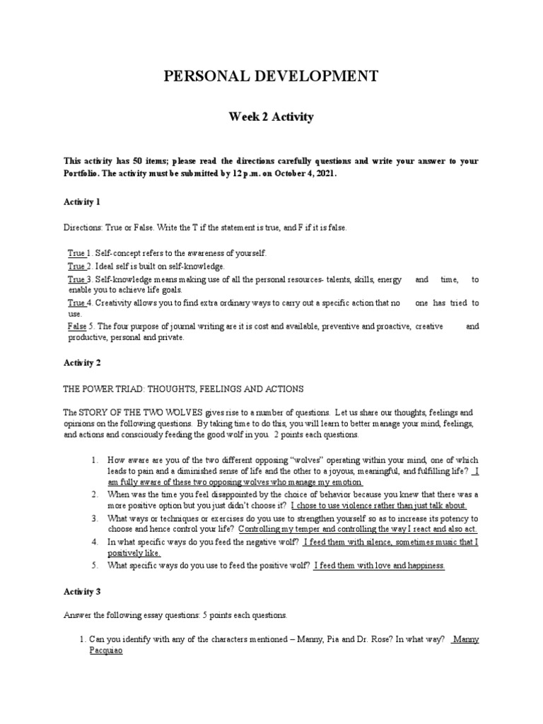 Personal Development: Week 2 Activity | PDF | Feeling | Thought