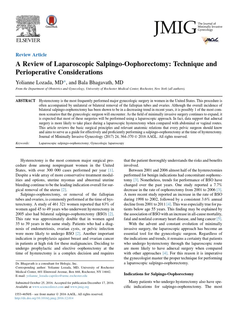 A Review of Laparoscopic Salpingo-Oophorectomy: Technique and ...