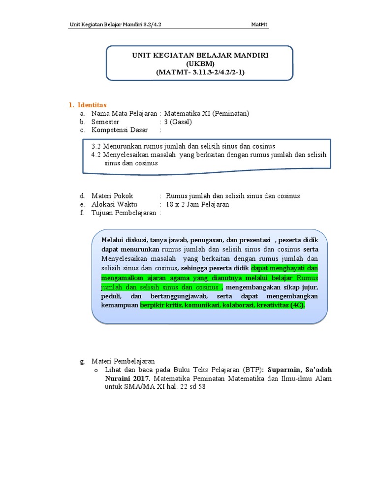 UKBM XI - 3.2 MatMin Rumus JML Selisih Sinus Dan Cosinus | PDF | Metode & Bahan Ajar