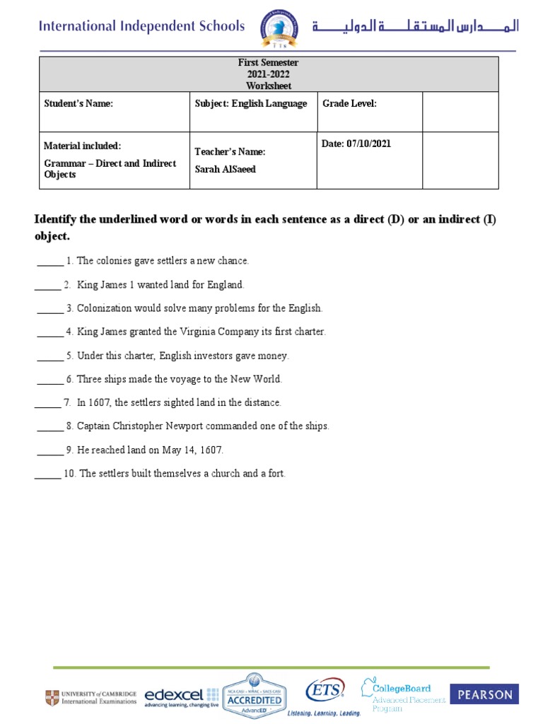Grammar - Lesson 4 - Worksheet - Direct and Indirect Objects | PDF