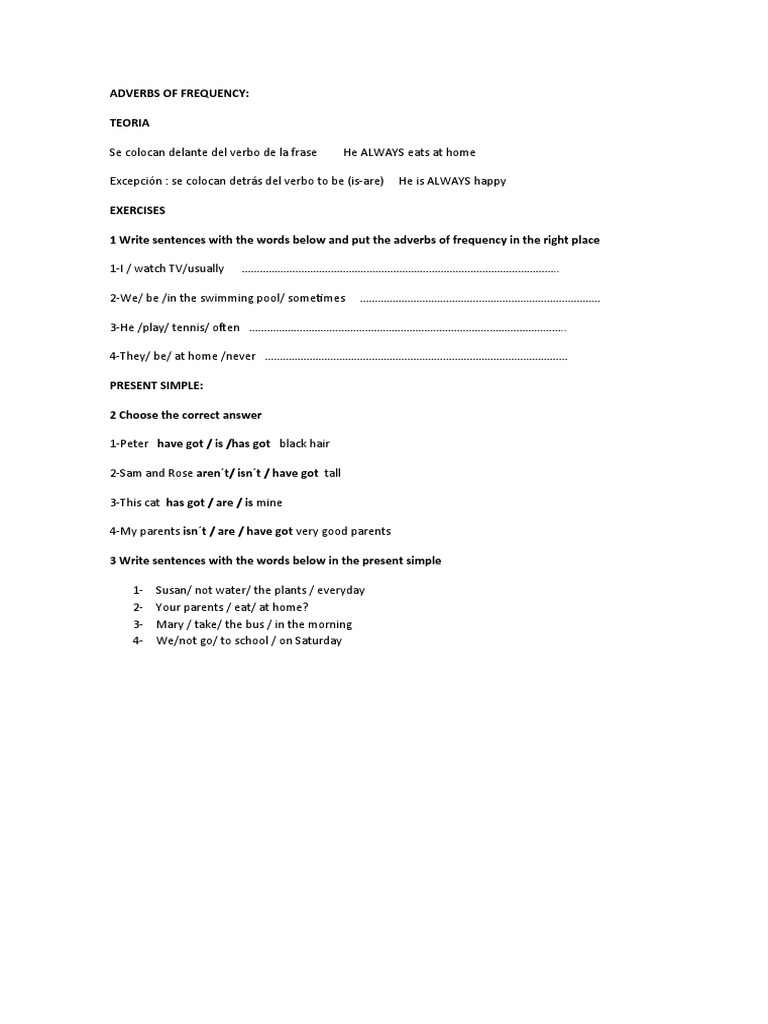 Exercises Present Simple + Frequency Adverbs | PDF