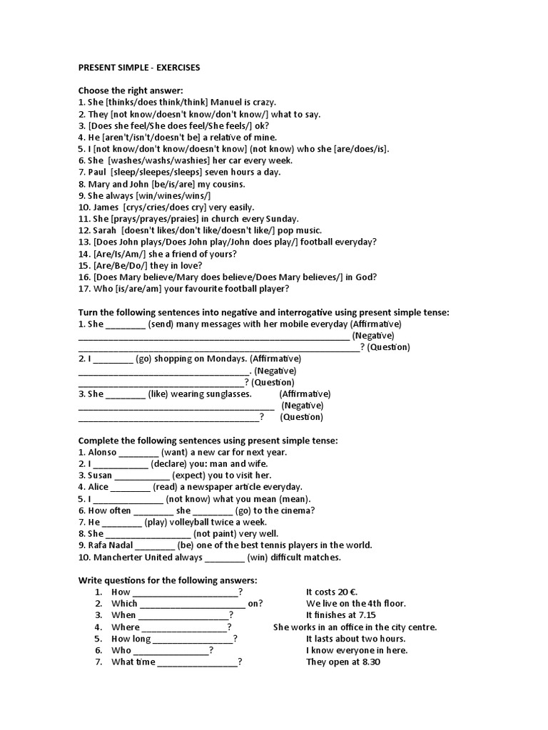 Present Simple - Exercises Choose The Right Answer | PDF