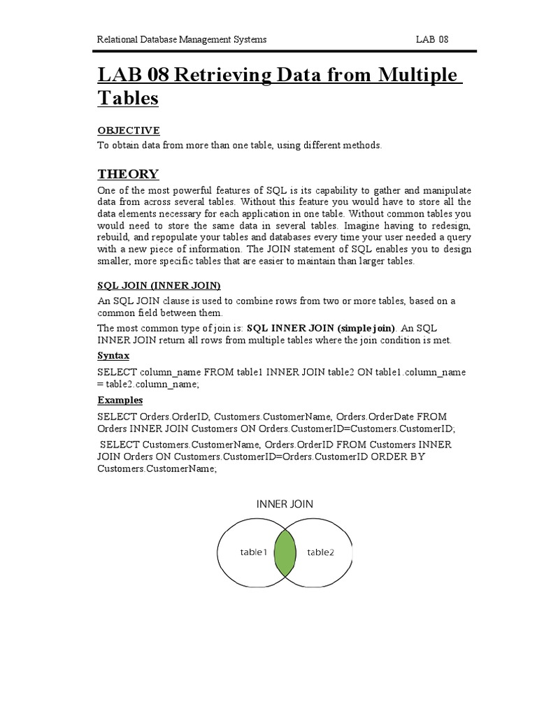 LAB 08 Retrieving Data From Multiple Tables: Theory | PDF | Relational ... LAB 08 Retrieving Data From Multiple Tables: Theory | PDF | Relational ...