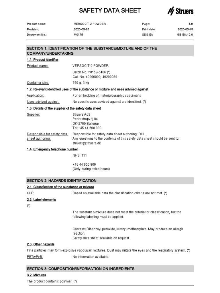 VERSOCIT-2 Powder Safety Data Sheet | PDF | Dangerous Goods | Toxicity