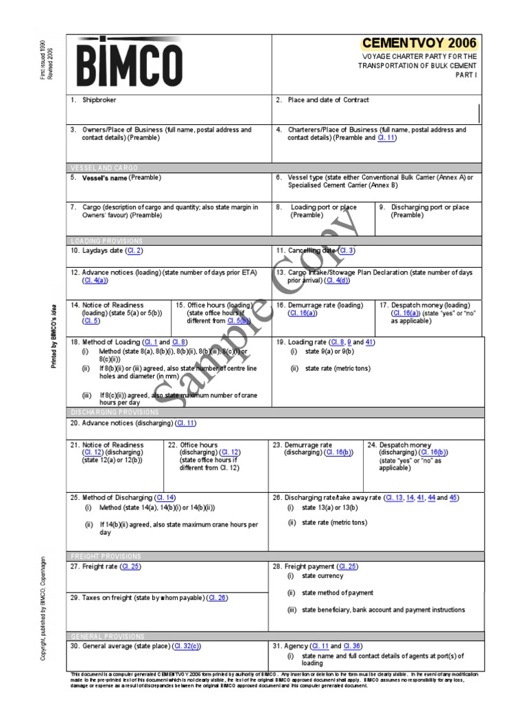 Bimco contracts1CEMENTVOY 2006 | PDF | Shipping | Water Transport