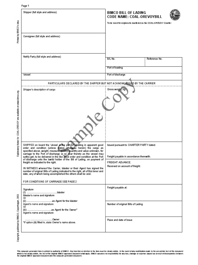 Bimco Bill of Lading Code Name: Coal-Orevoybill: To Be Used For ...