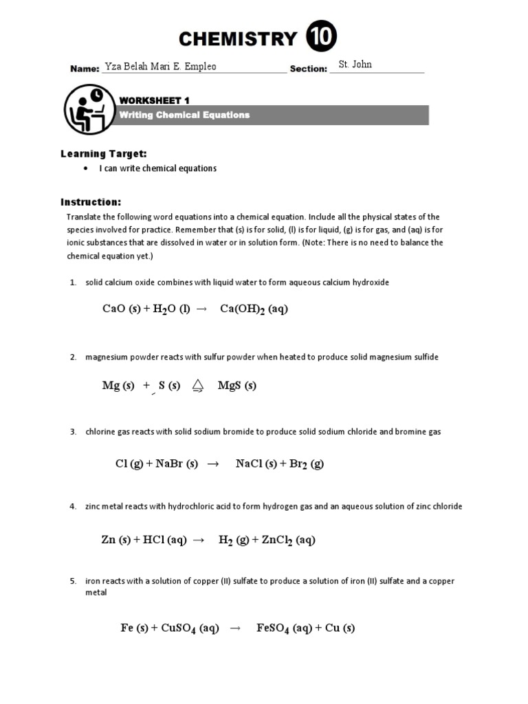 Writing Chemical Equations Practice | PDF