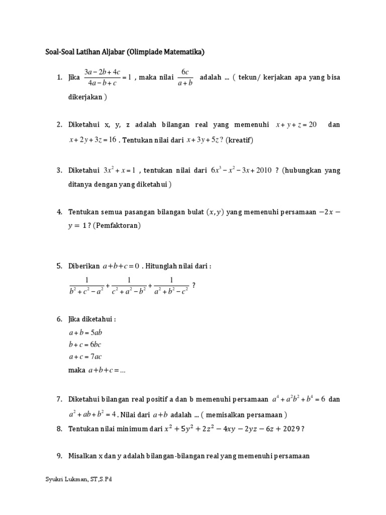 Soal-Soal Materi Aljabar Olimpiade Matematika | PDF