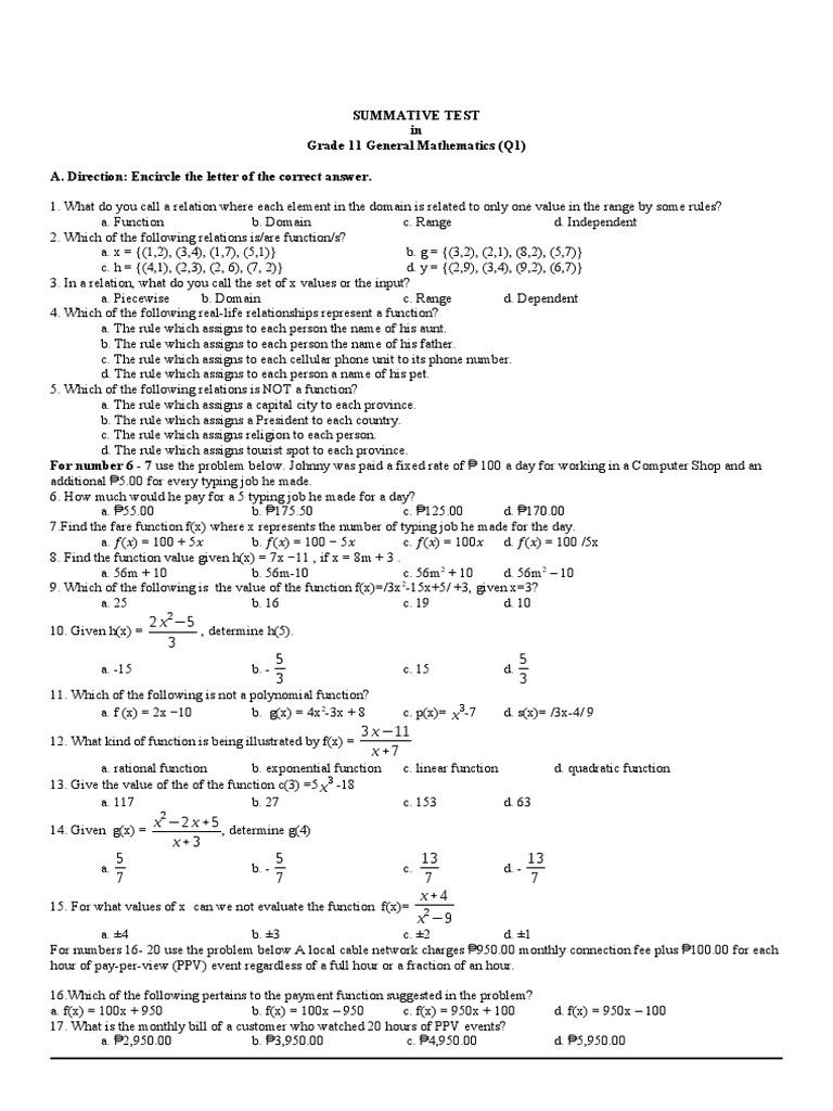 Summative Test in Grade 11 General Mathematics (Q1) A. Direction ...