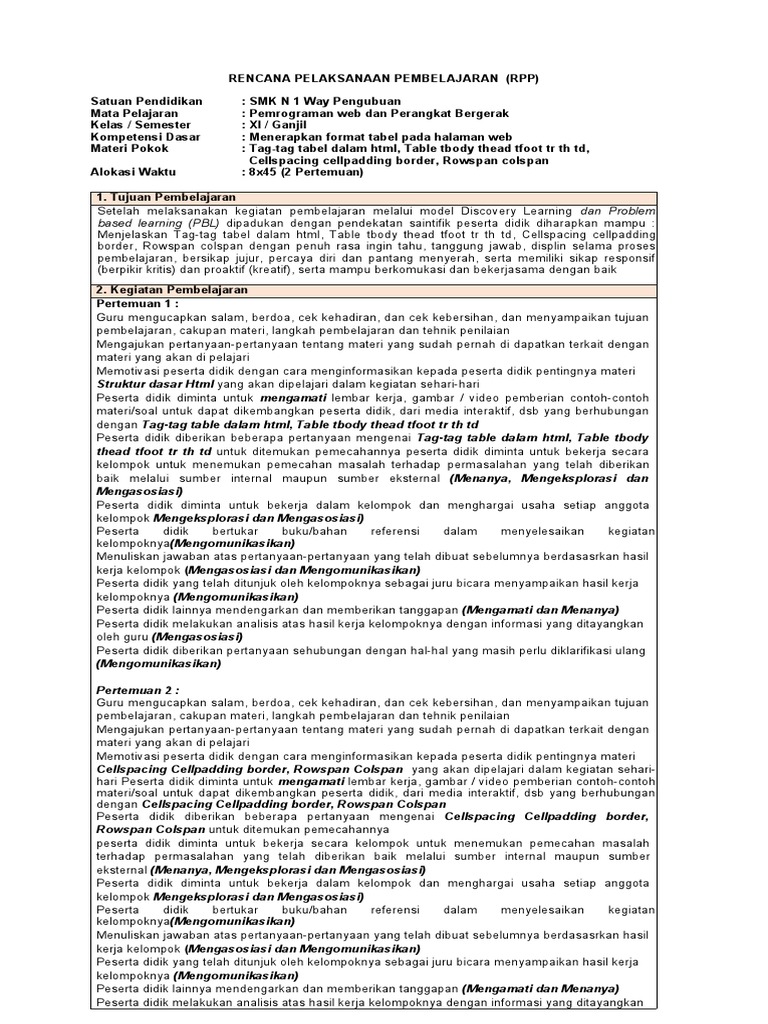 RPP Pemrograman Web Kelas XI | PDF