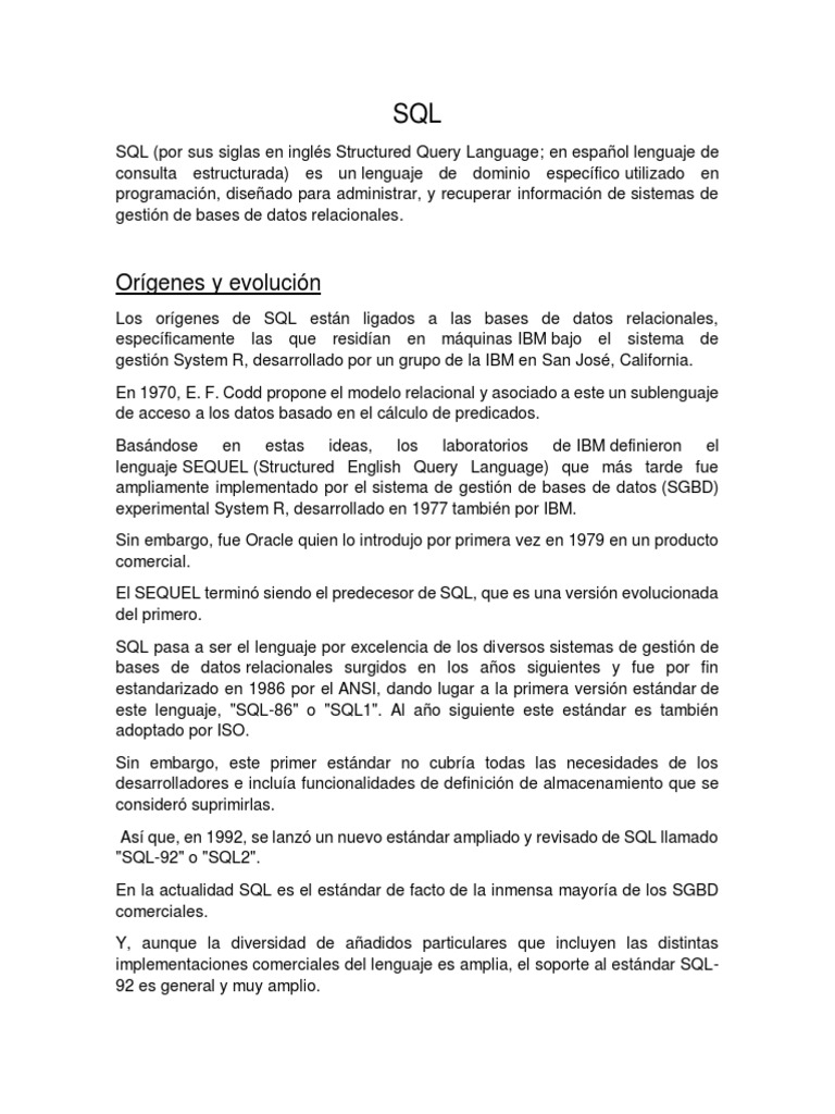 Historia y Evolución de SQL | PDF | SQL | Recuperación de información