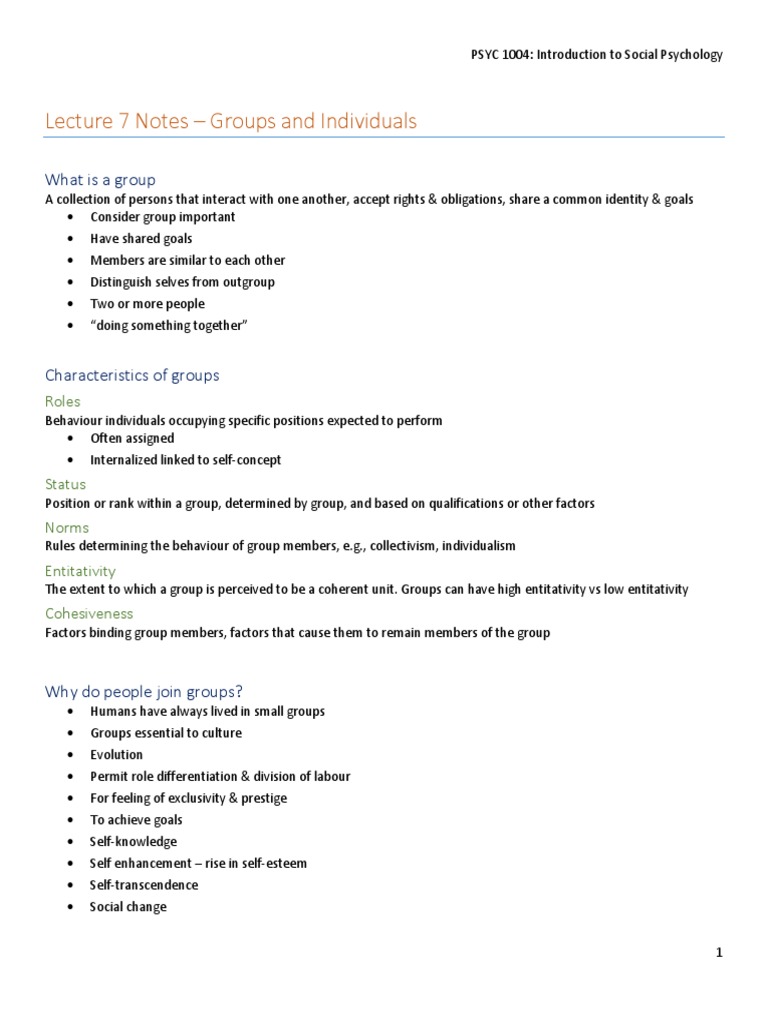 Lecture 7 Notes Groups and Individuals | PDF | Psychological Concepts ...