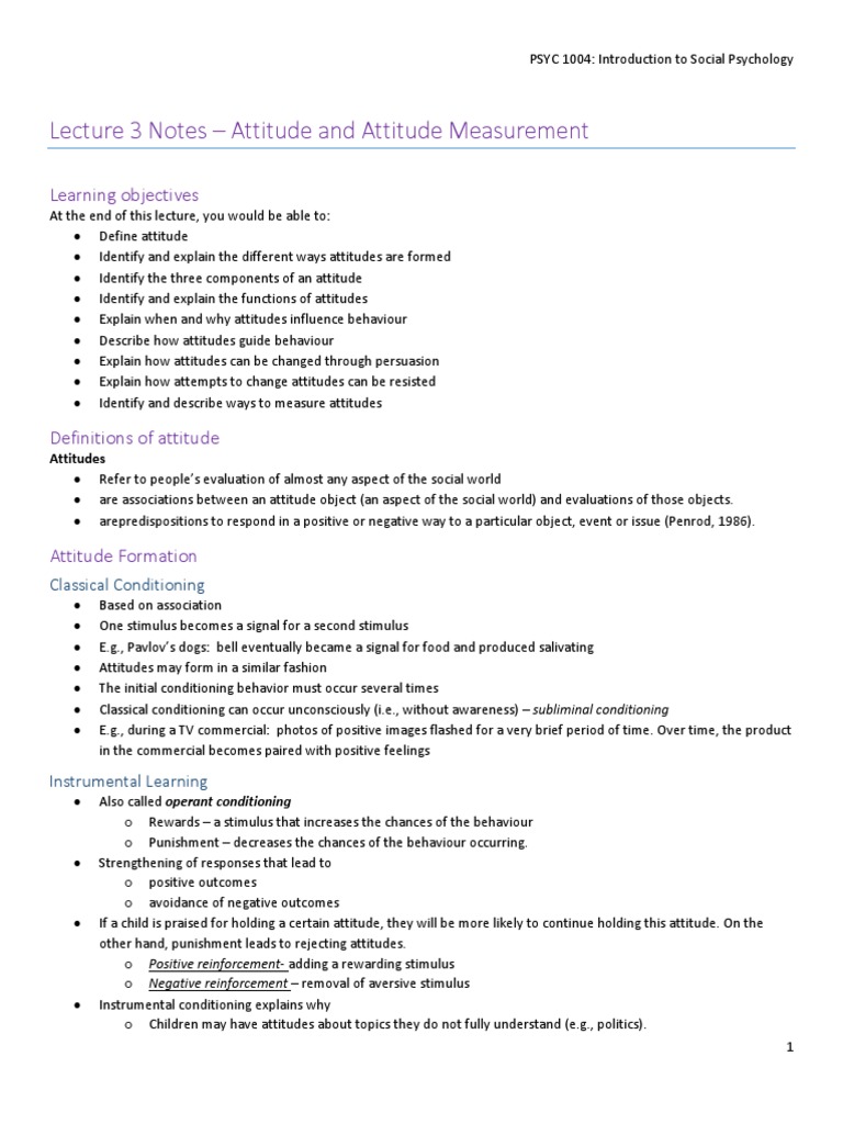 Lecture 3 Notes Attitudes Updated | PDF | Attitude (Psychology ...