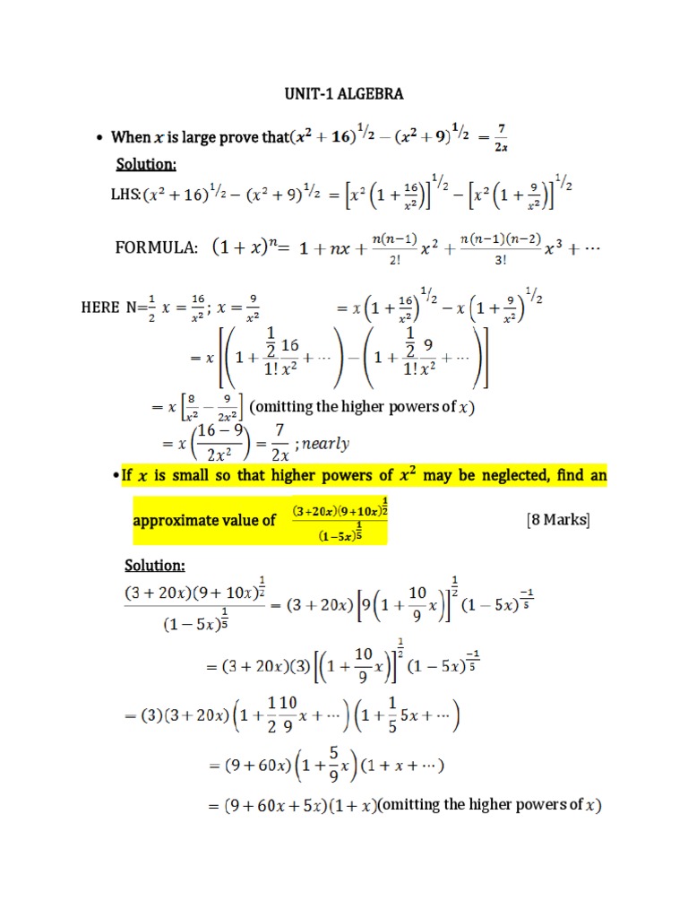 Formula: : Unit-1 Algebra - When Is Large Prove That Solution: Lhs | PDF