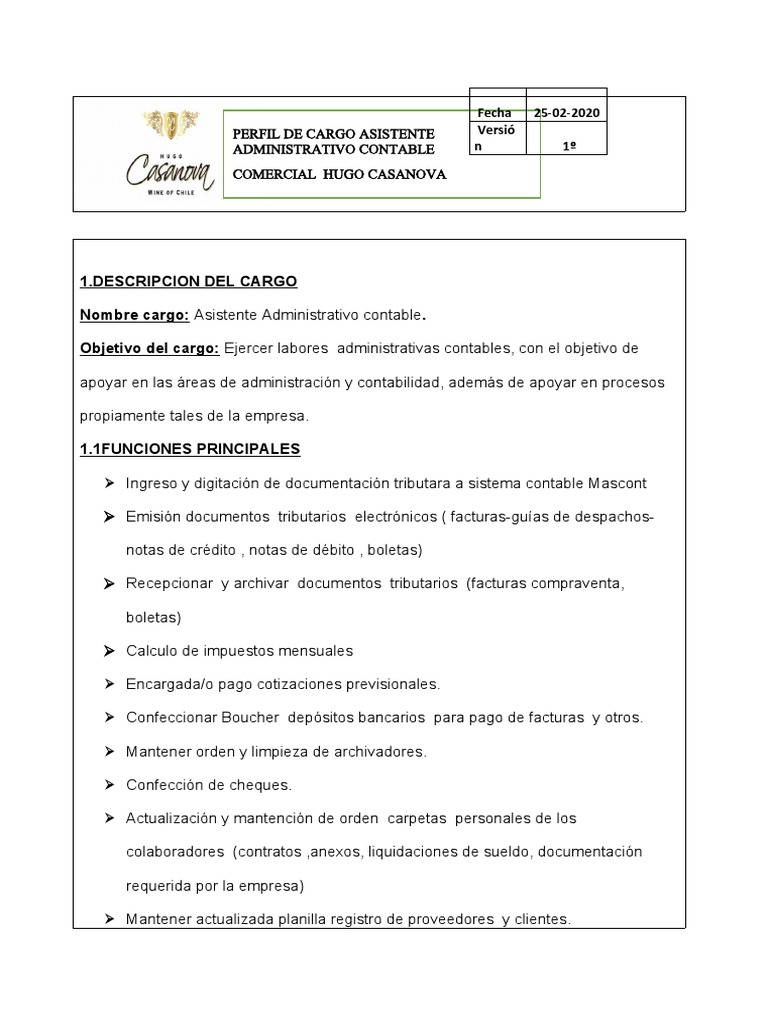 Perfil de Cargo Asistente Contable | PDF | Contabilidad | Servicios financieros