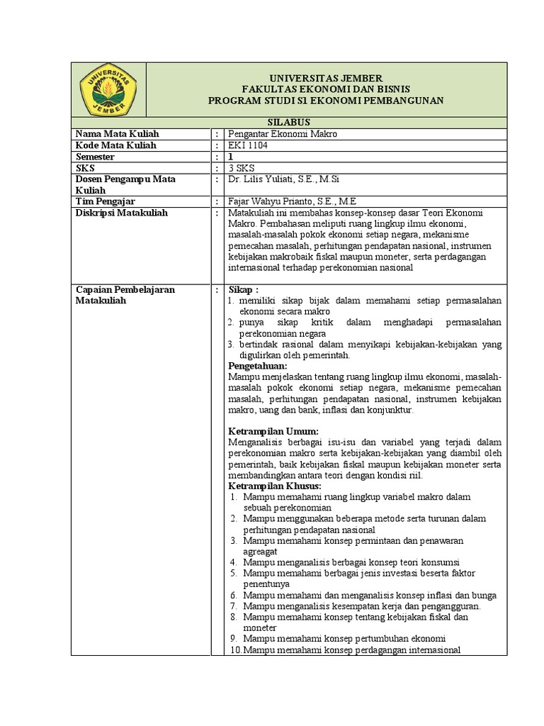 Silabus EKIS B - PE Makro - Rabu 07.50 | PDF