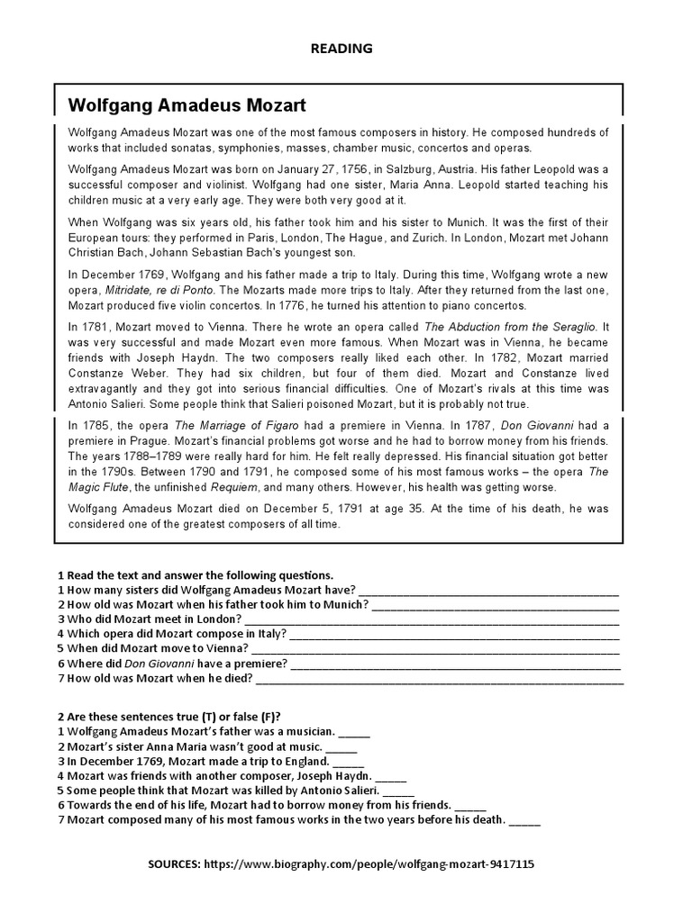 Wolfgang Amadeus Mozart Reading Reading Comprehension Exercises ...