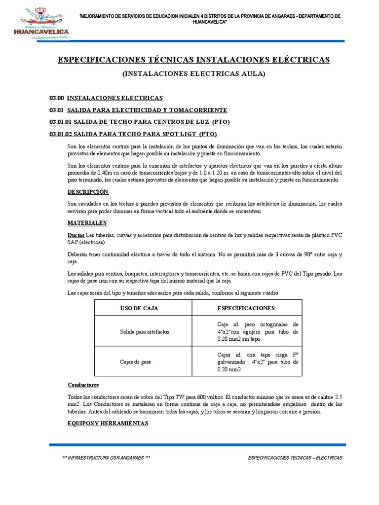 Especificaciones Técnicas Instalaciones Eléctricas | PDF | Enchufes y tomas de corriente alterna ...