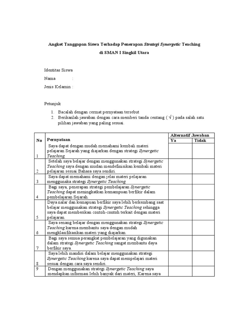 Instrumen Angket Tanggapan Siswa | PDF