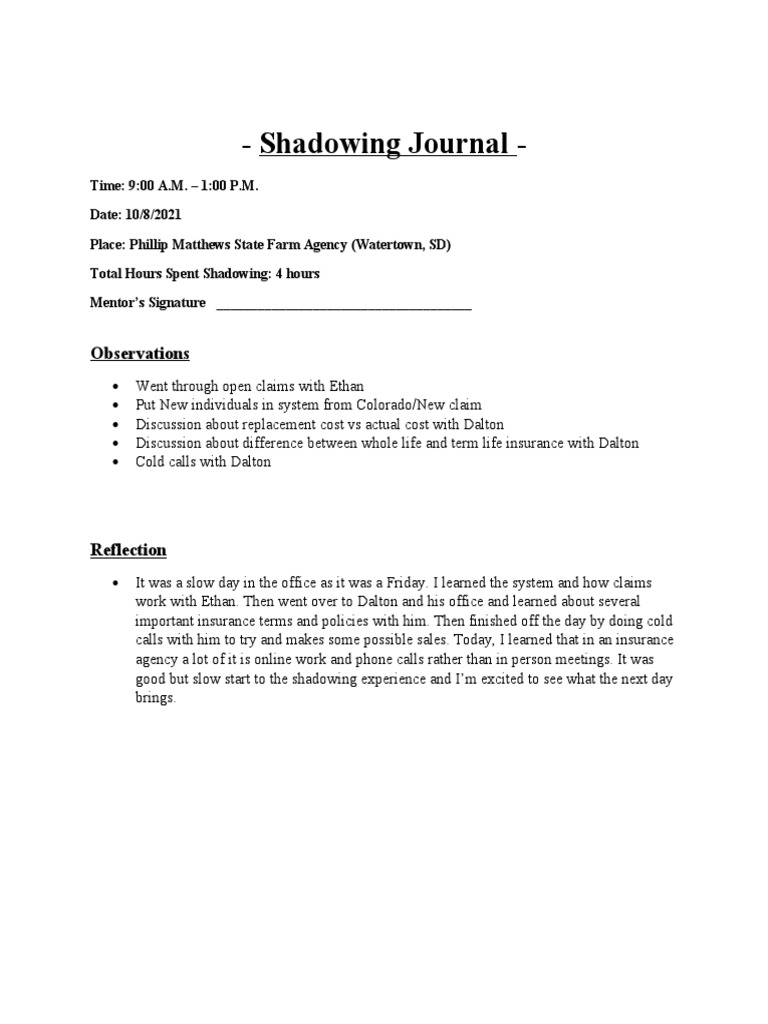 Job Shadowing Journal | PDF | Insurance | Financial Services