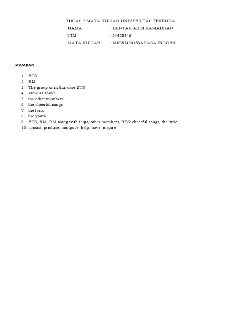 Tugas 2 Mata Kuliah Universitas Terbuka (Bahasa Inggris) | PDF