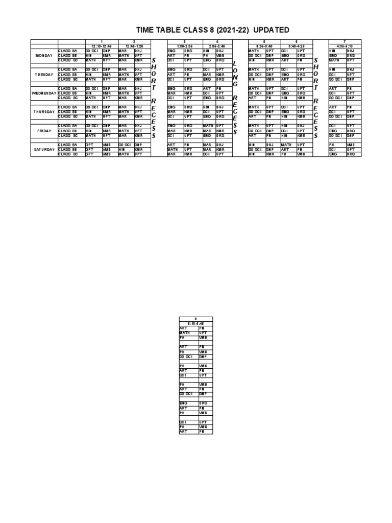 Time Table Class 8 | PDF