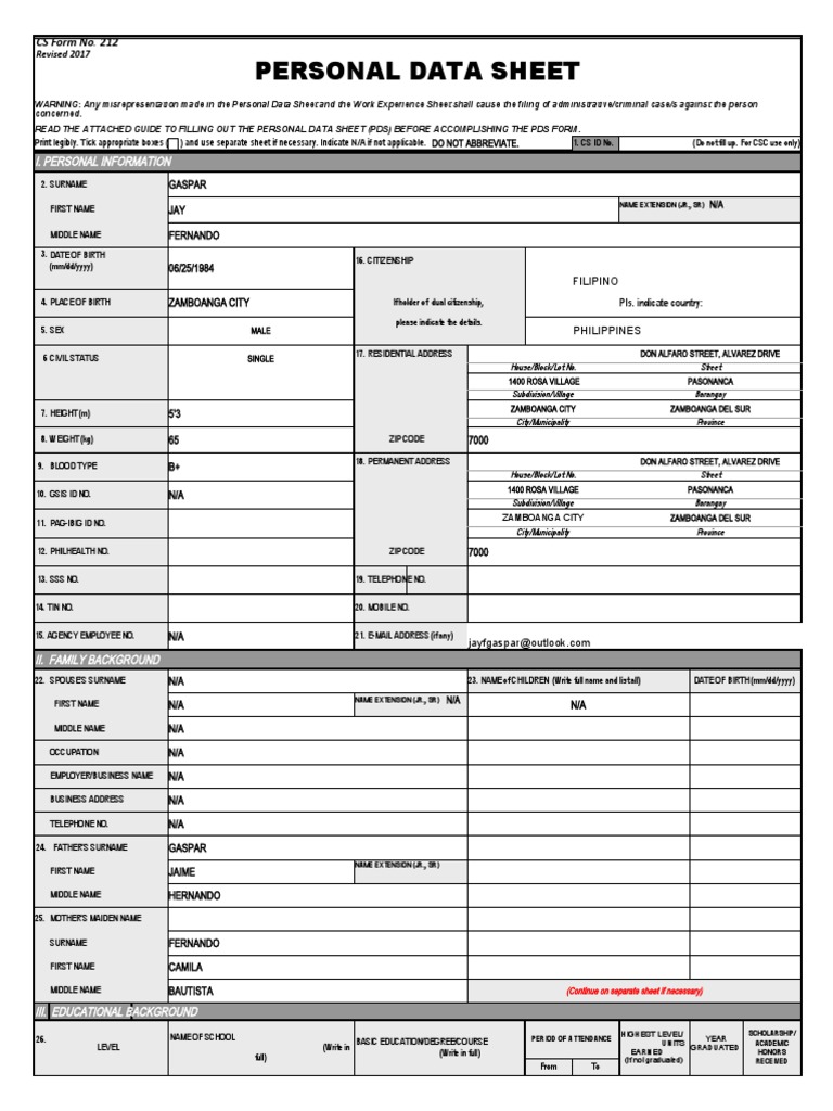 Personal Data Sheet: Gaspar JAY Fernando 06/25/1984 Filipino Zamboanga ...