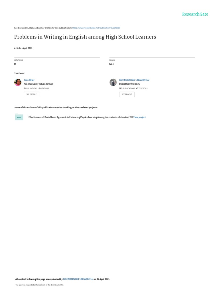 Problems in Writing in English Among Highschool Learners | PDF