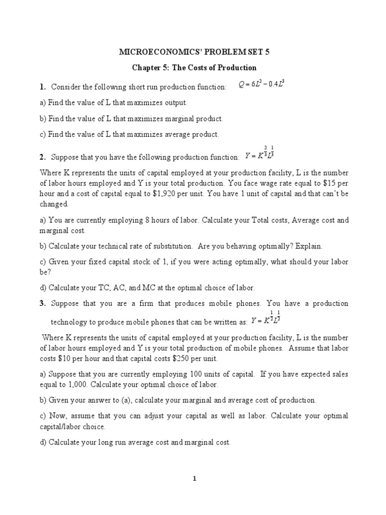 Microeconomics Problem Set 5 | PDF | Average Cost | Marginal Cost