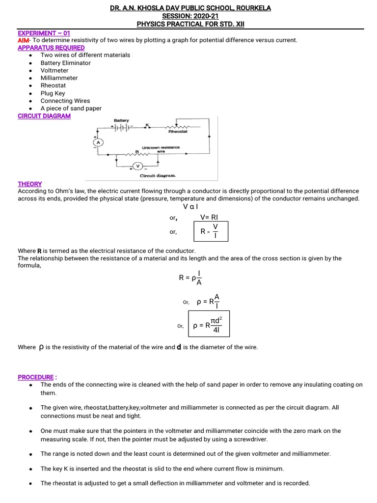 PHYSICS EXPERIMENT CLASS 12th 01 (CBSE 2021-2022) | PDF