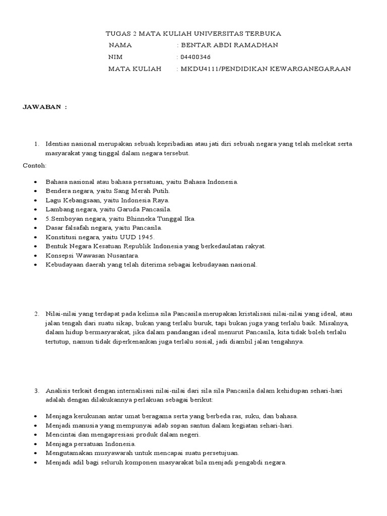 Tugas 2 Mata Kuliah Universitas Terbuka (PKN) | PDF