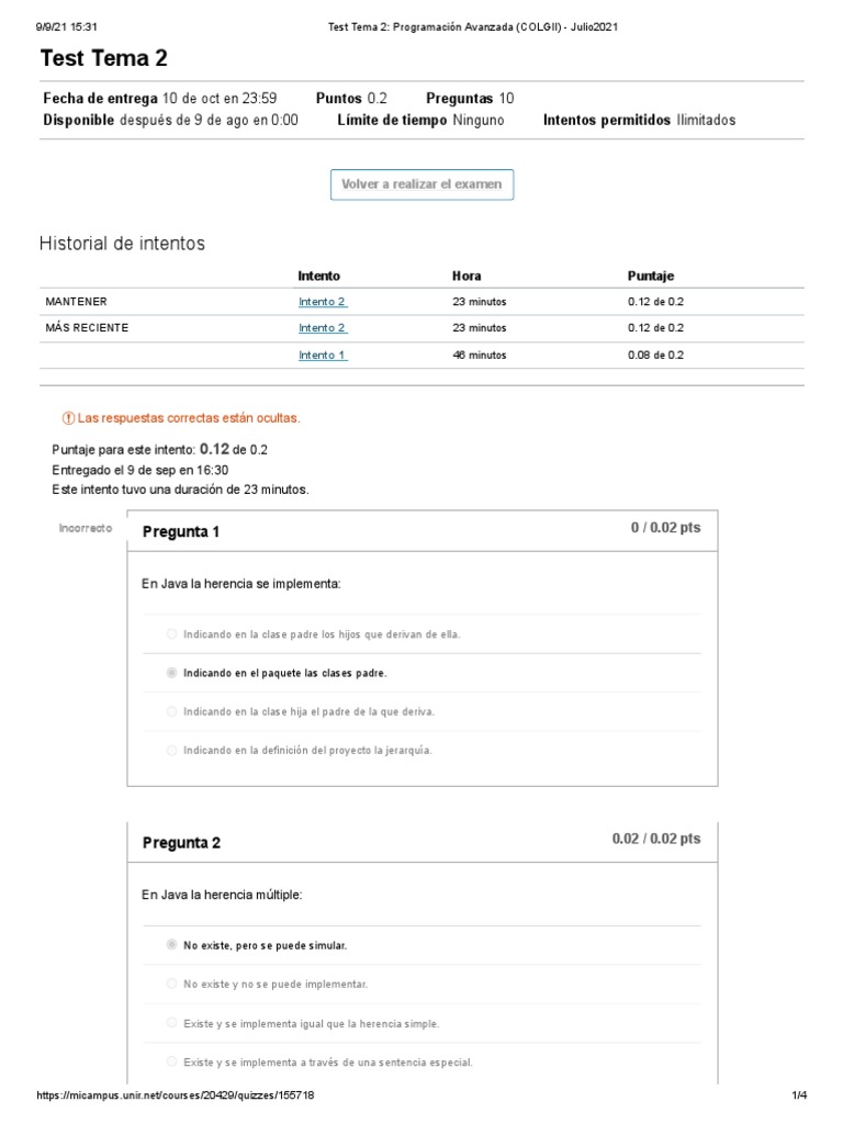 Test Tema 2 - Programación Avanzada (COLGII) - Julio2021sssssss | PDF ...