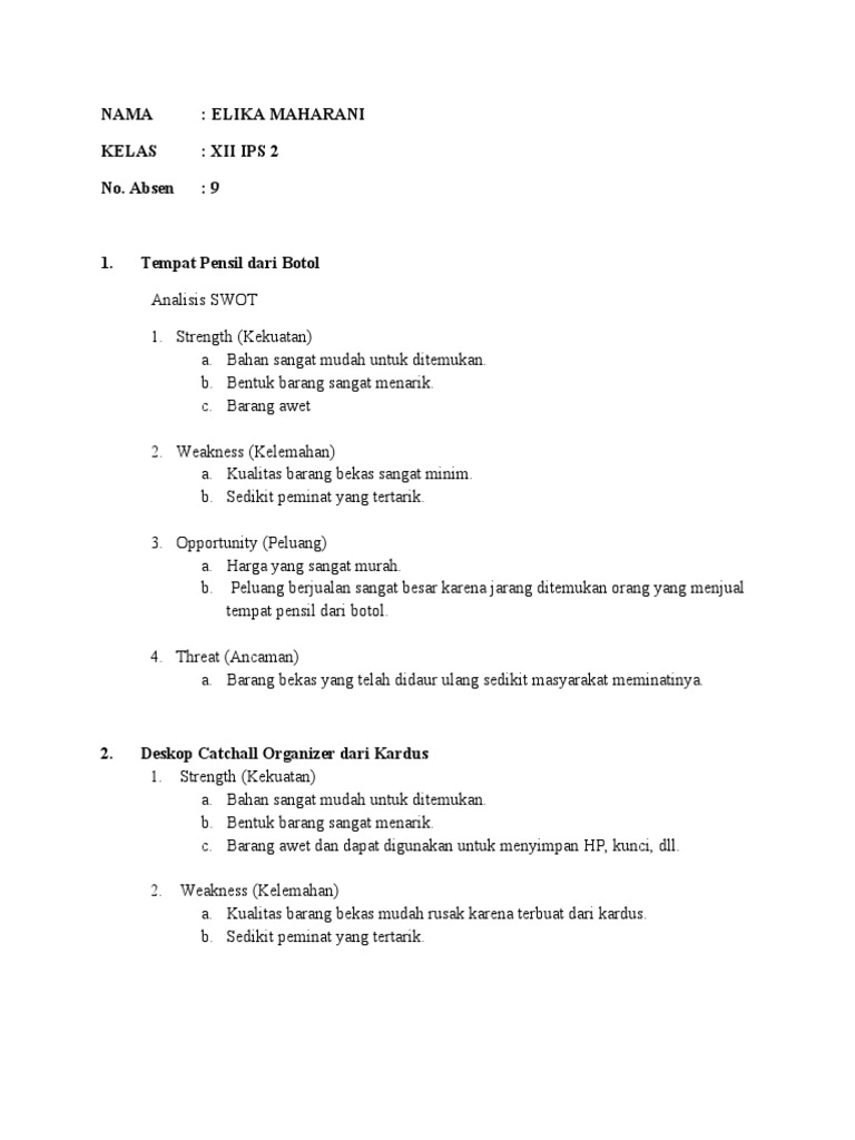 Analisis SWOT Kerajinan PKWU - ELIKA MAHARANI XII IPS 2 | PDF