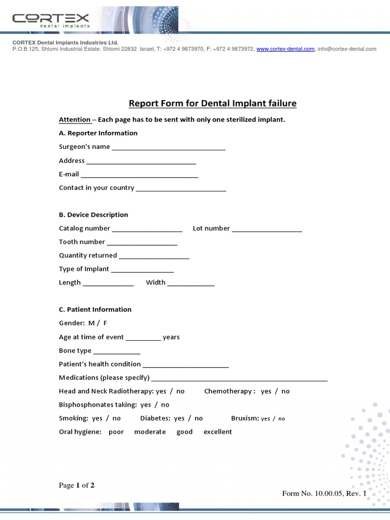 Report Form For Dental Implant Failure | PDF | Dental Implant | Surgery