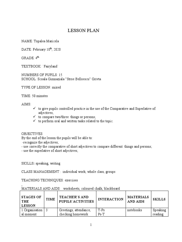 Lesson Plan: Stages of THE Lesson Time Teacher'S and Pupils'Activities ...