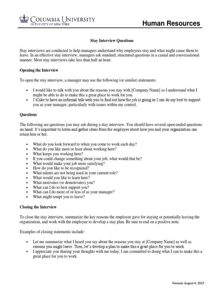 Stay Interview Questions | PDF | Interview | Cognition