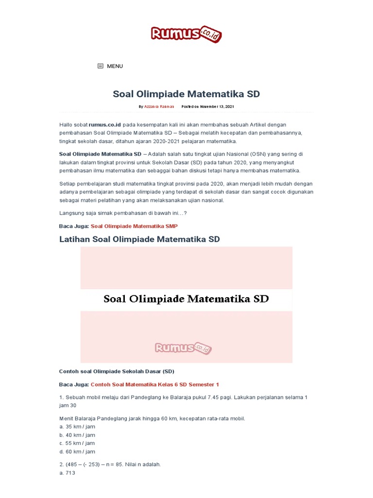 Soal Olimpiade Matematika SD 2021 & Pembahasan | PDF