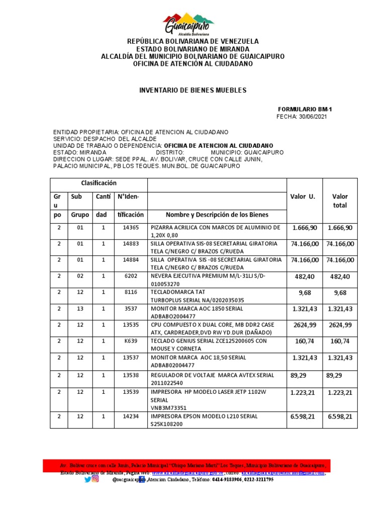 Inventario de Bienes Muebles BM-1 | PDF