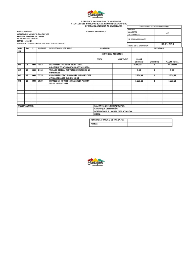 Formulario BM-3 Bienes Mueble Faltante | PDF