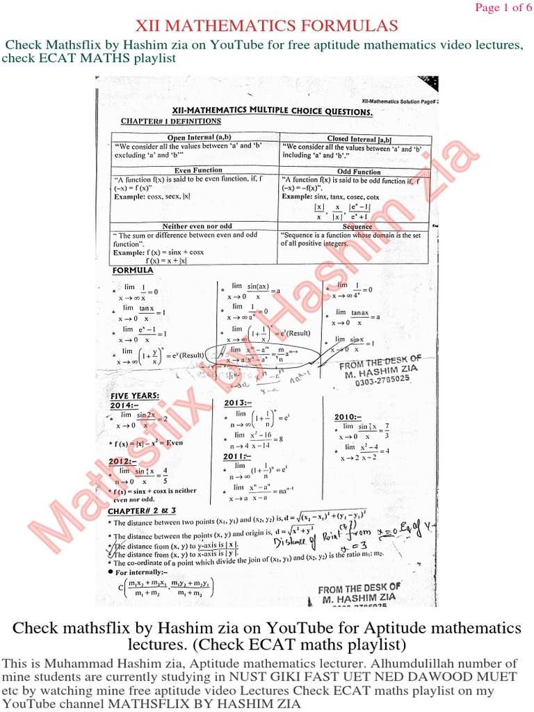 Xii Mathematics Formula Sheet | PDF | Mathematics | Academia