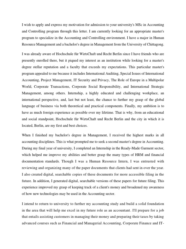 Motivation Letter For Accounting and Controlling (Berlin) . | PDF ...