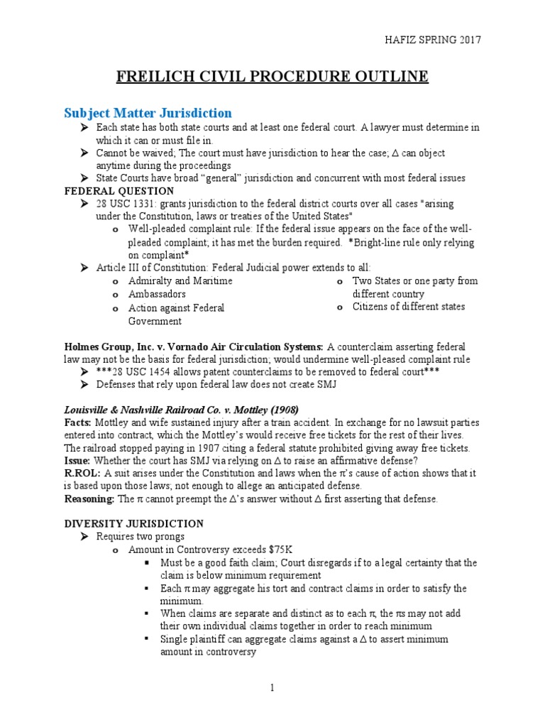 Civil Procedure Outline 2017 | PDF | Personal Jurisdiction | Diversity ...