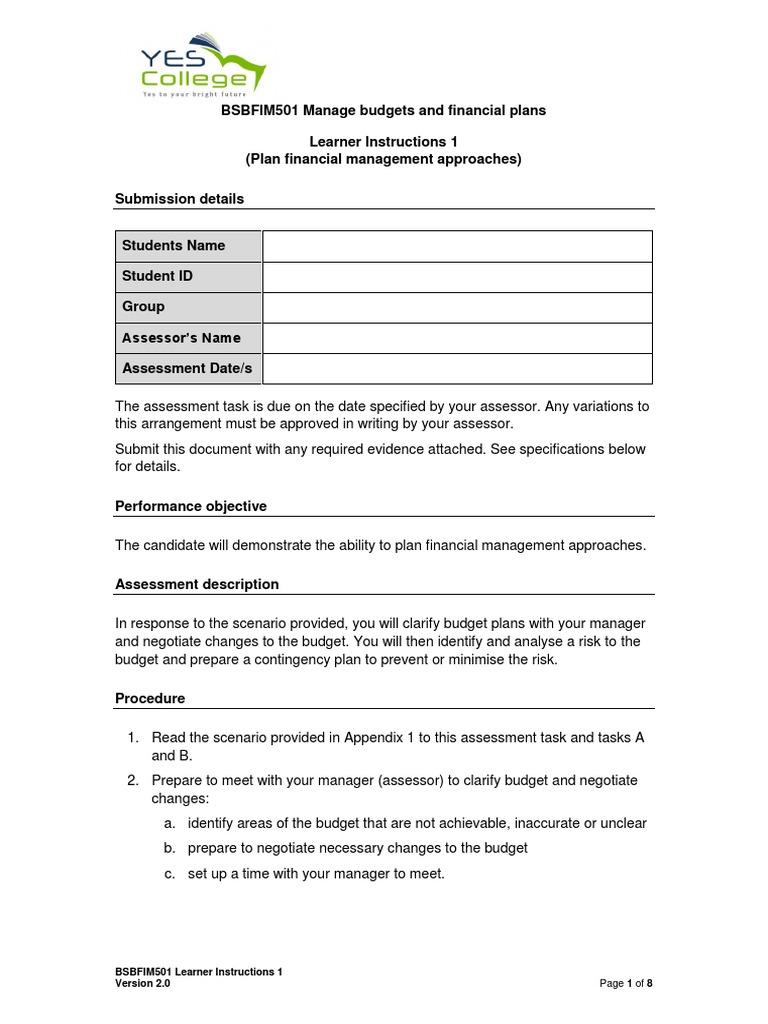 BSBFIM501 Manage Budgets and Financial Plans Learner Instructions 1 ...